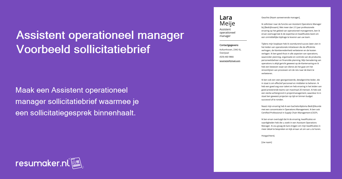 Assistent operationeel manager motivatiebrief voorbeeld voor 2024