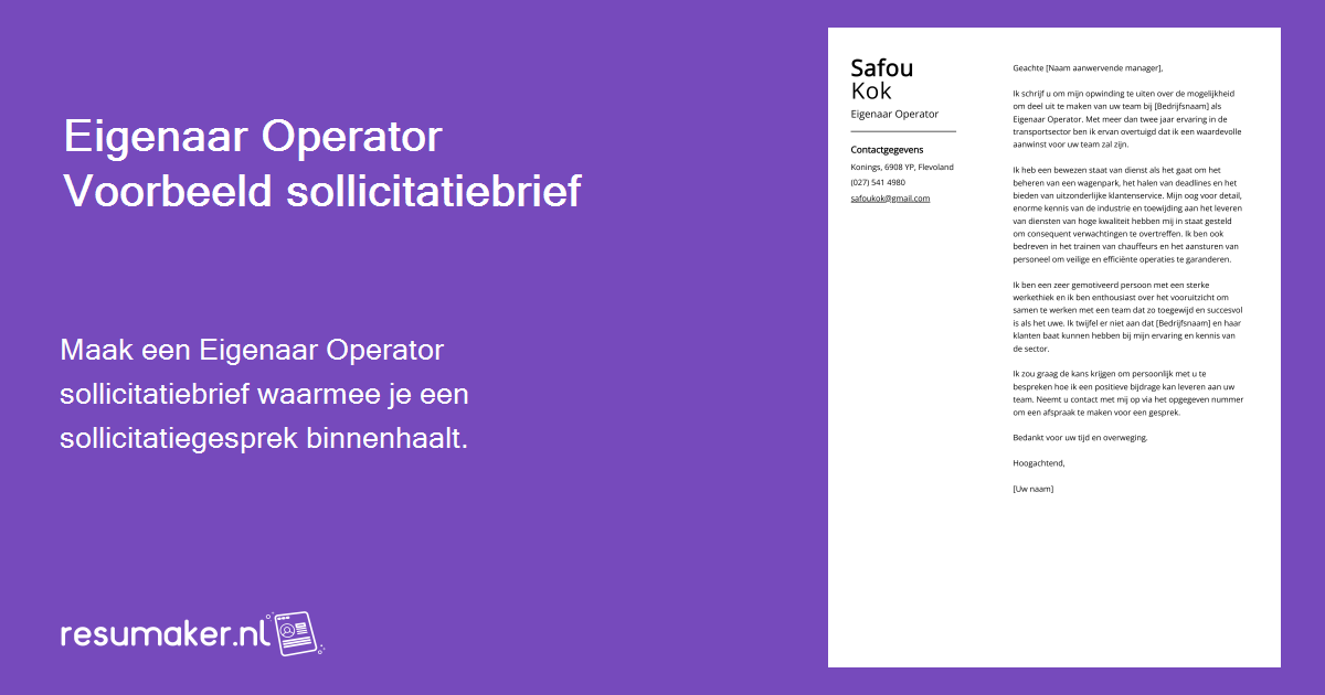 Begeleidende brief Eigenaar Operator: Functieomschrijving, voorbeeld ...
