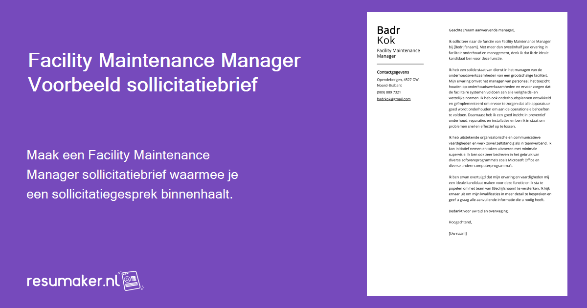 Facility Maintenance Manager Sollicitatiebrief: Voorbeeld & Gids (Banen ...
