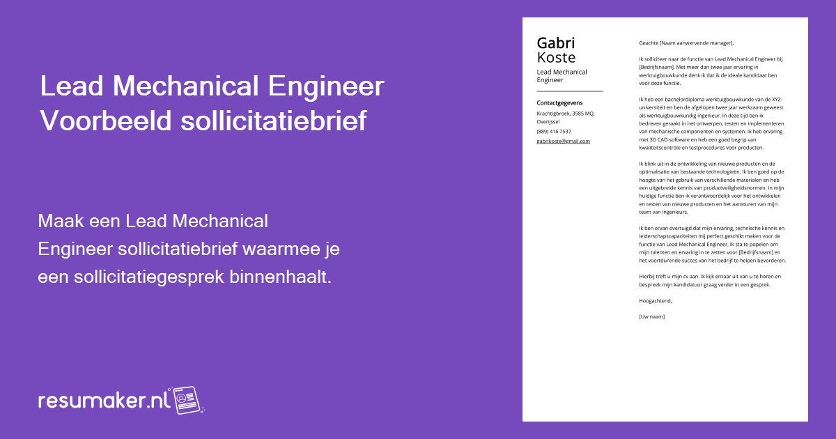 Begeleidende brief Lead Mechanical Engineer: Functieomschrijving, voorbeeld & handleiding
