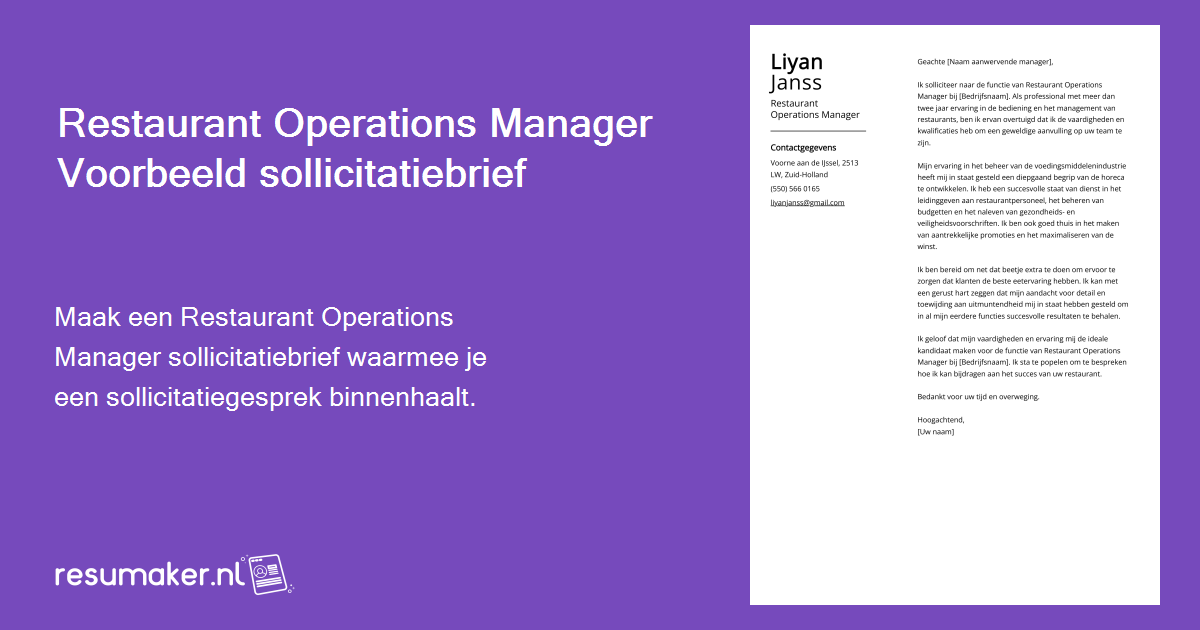 Restaurant Operations Manager Sollicitatiebrief Voorbeelden (Sjabloon ...