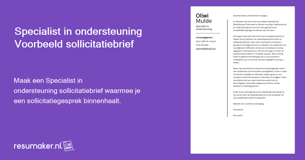 Specialist in ondersteuning Sollicitatiebrief Voorbeelden (Sjabloon ...