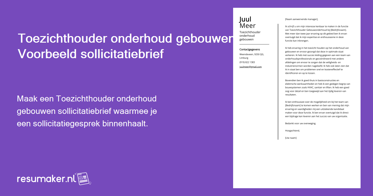 Toezichthouder onderhoud gebouwen Voorbeeld motivatiebrief voor 2024